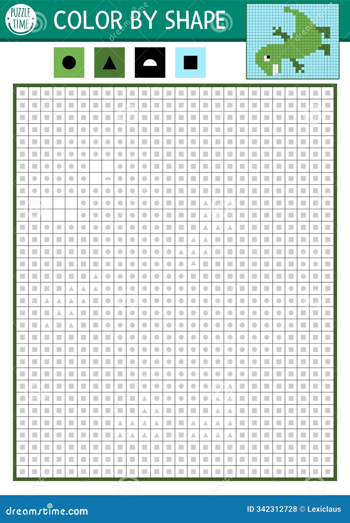 Vector Dinosaur Color by Shape Activity with Square Pixel Grid ...