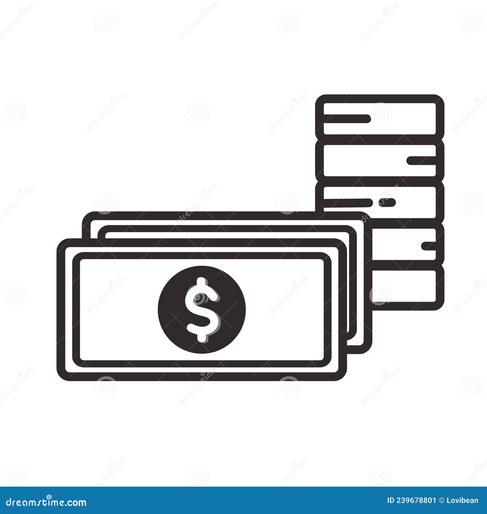 Vector Dollar Bank Note and Coin, Icon Illustrations in Black Flat ...