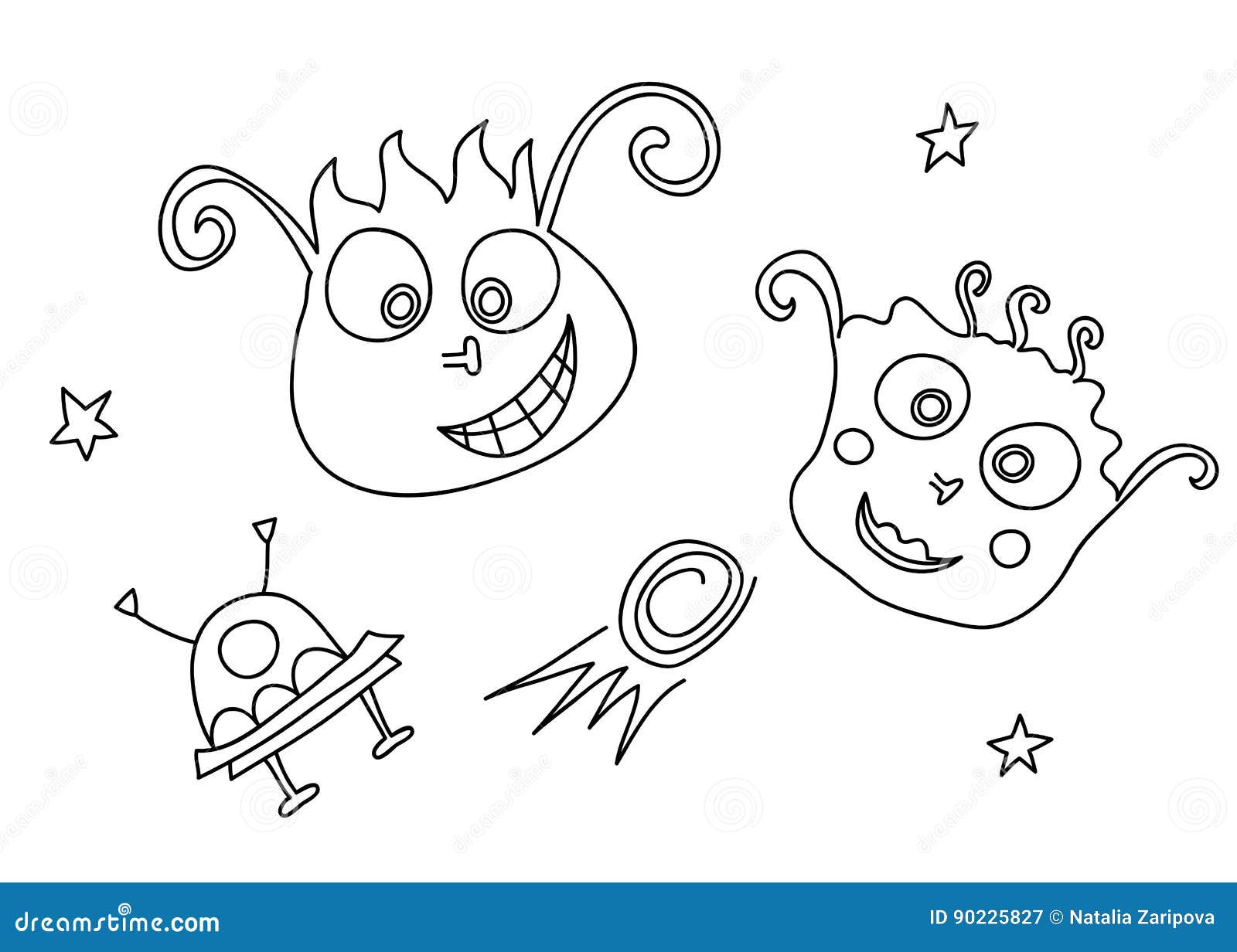 Vector Doodle of Aliens in Space with a Spaceship Stock Illustration ...