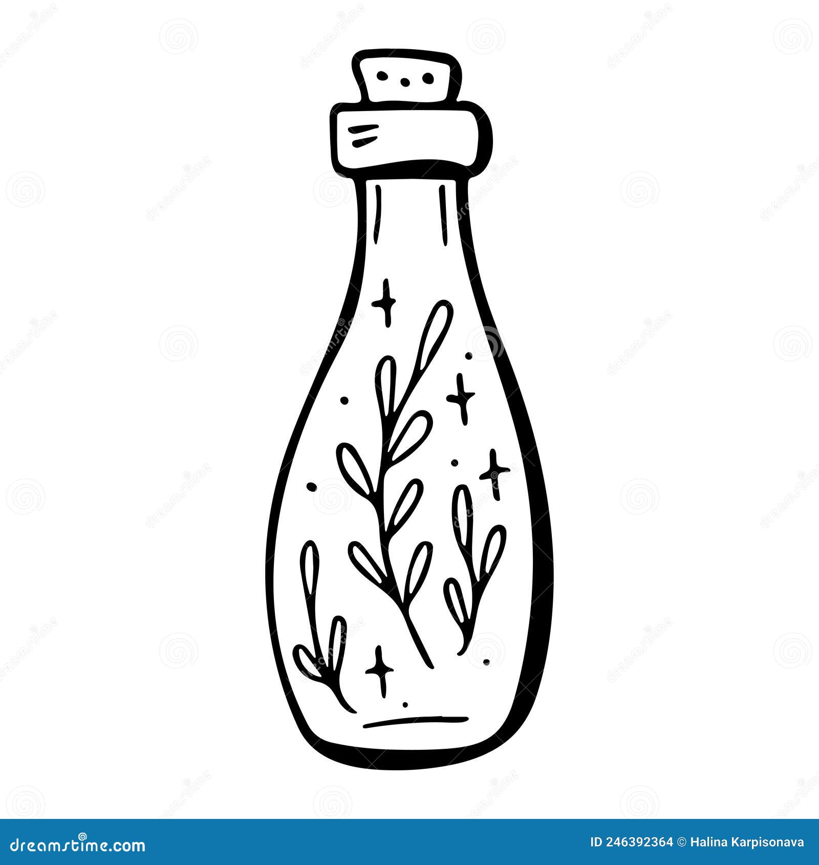 Vector Doodle Bottle of Magic Potion with Leaves and Floral. Hand Drawn ...