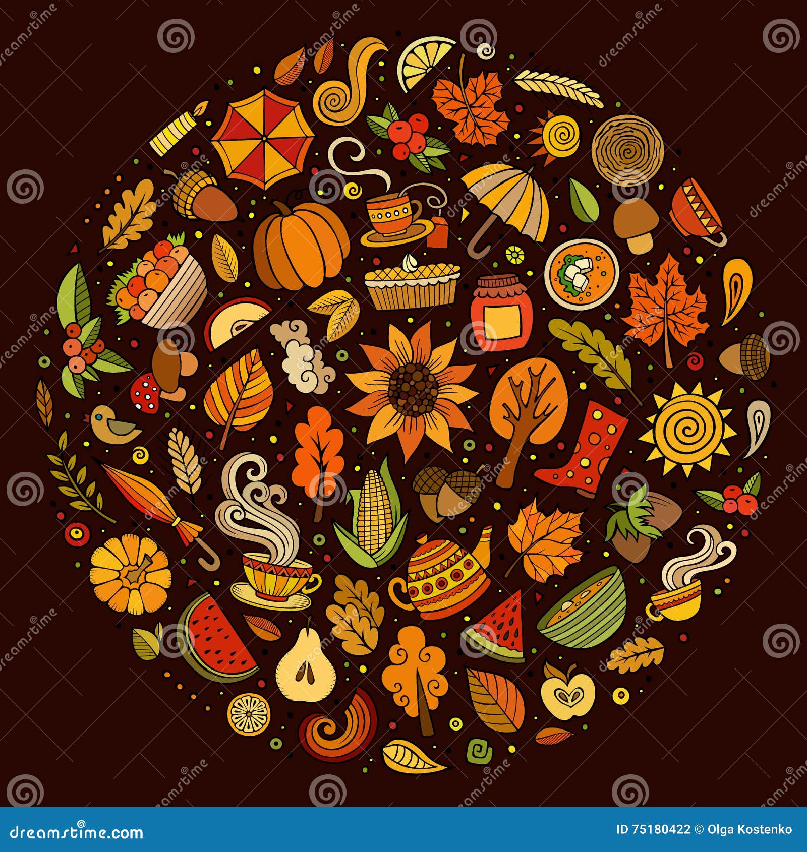 Vector Doodle Cartoon Set of Autumn Objects Stock Vector - Illustration ...