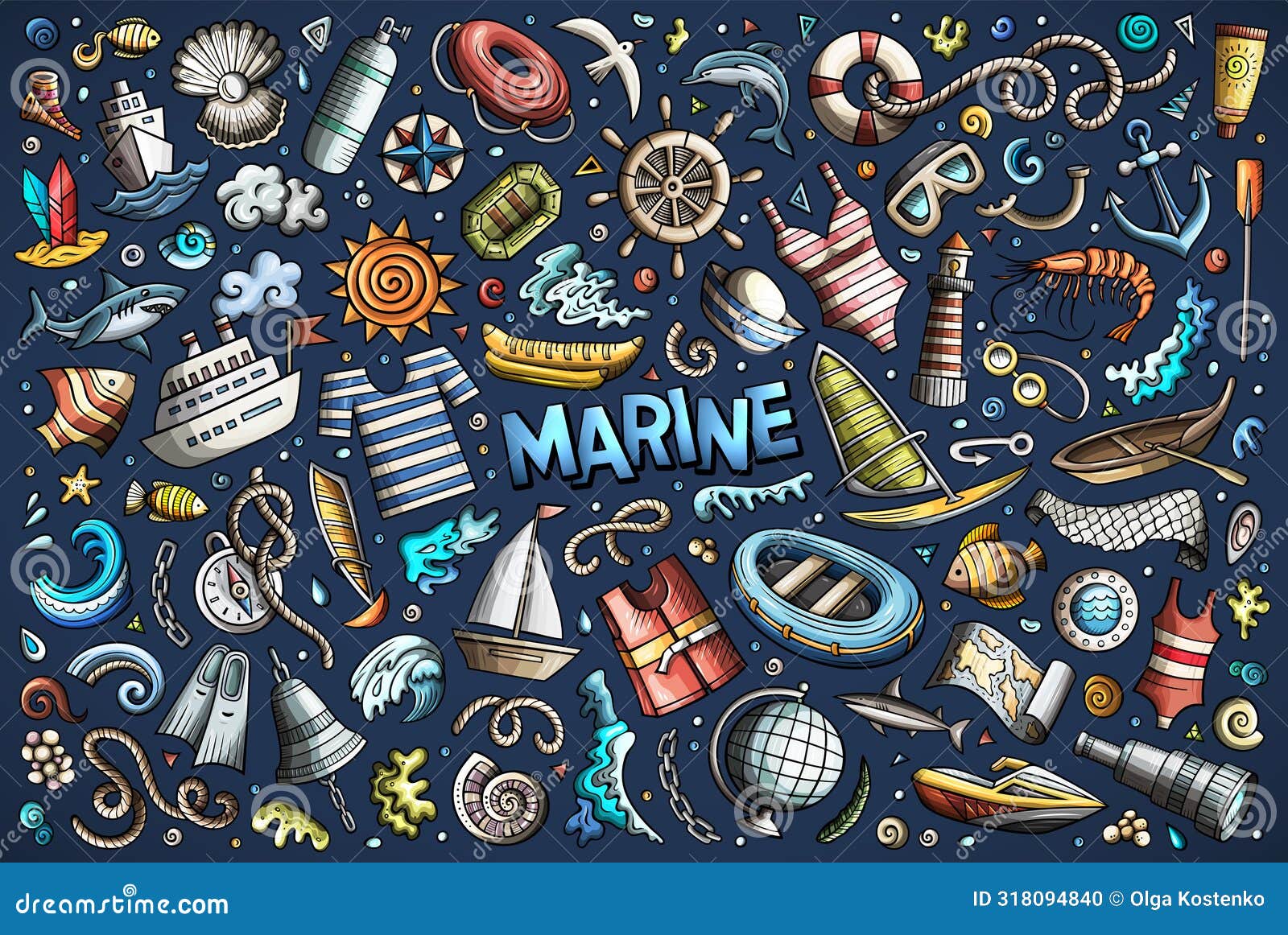 Vector Doodle Cartoon Set of Marine Theme Items, Objects and Symbols ...