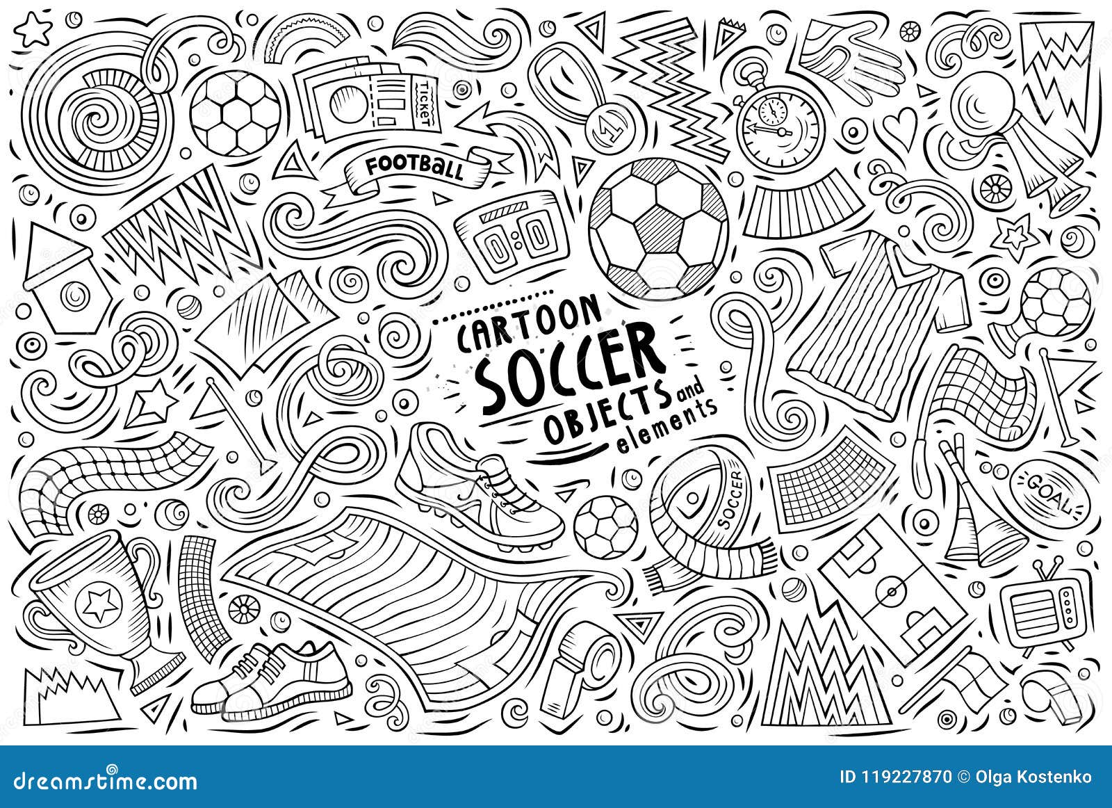 Vector Doodle Cartoon Set of Soccer Objects Stock Vector - Illustration ...