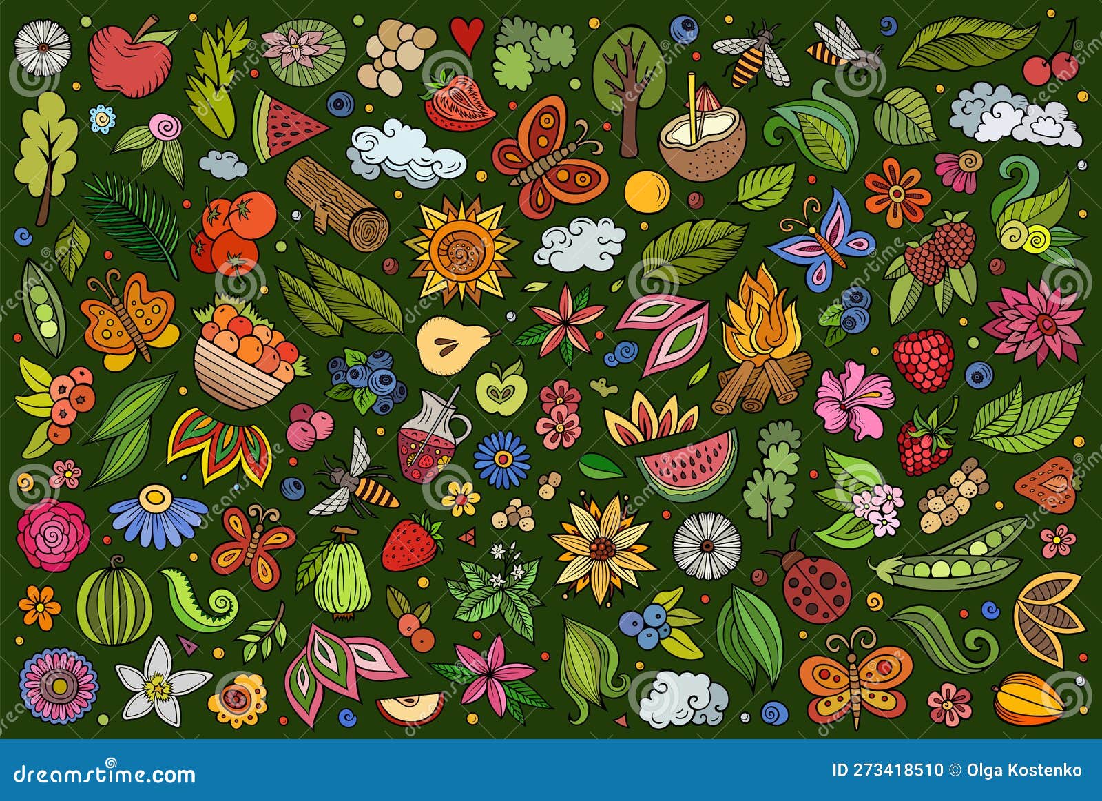 Vector Doodle Cartoon Set of Summer Nature Theme Objects and Symbols ...
