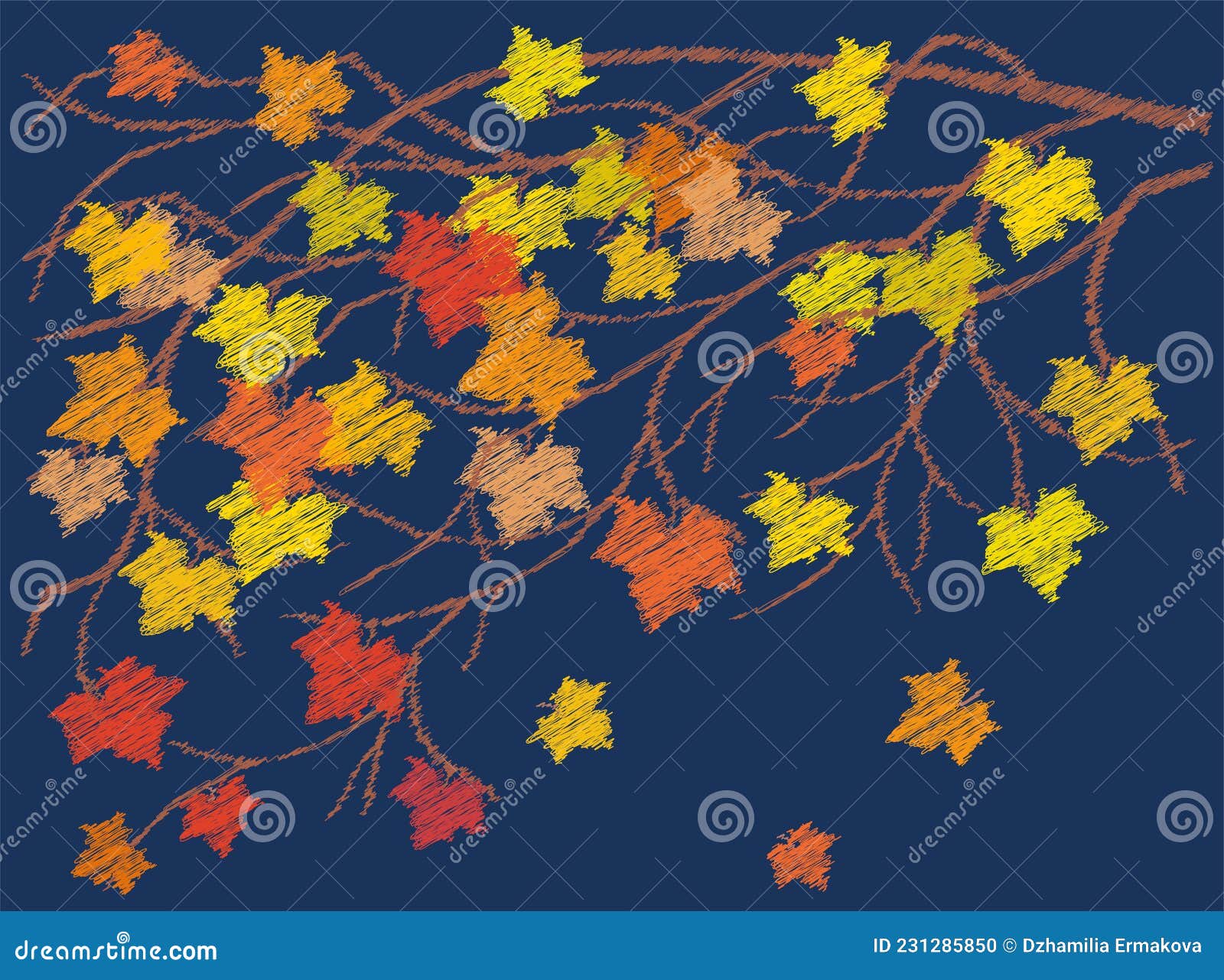 Vector Doodle Drawing of Branch Maple Tree with Colorful Bright Autumn ...