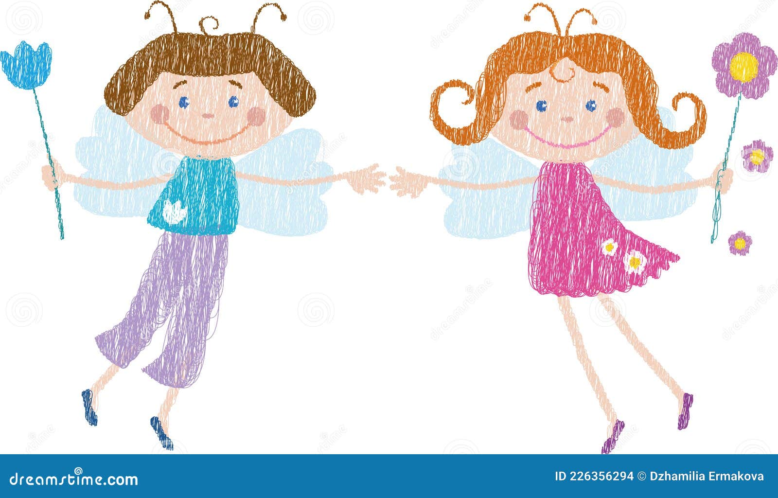 Vector Doodle Drawings of Two Flying Cheerful Cartoon Elves Stock ...