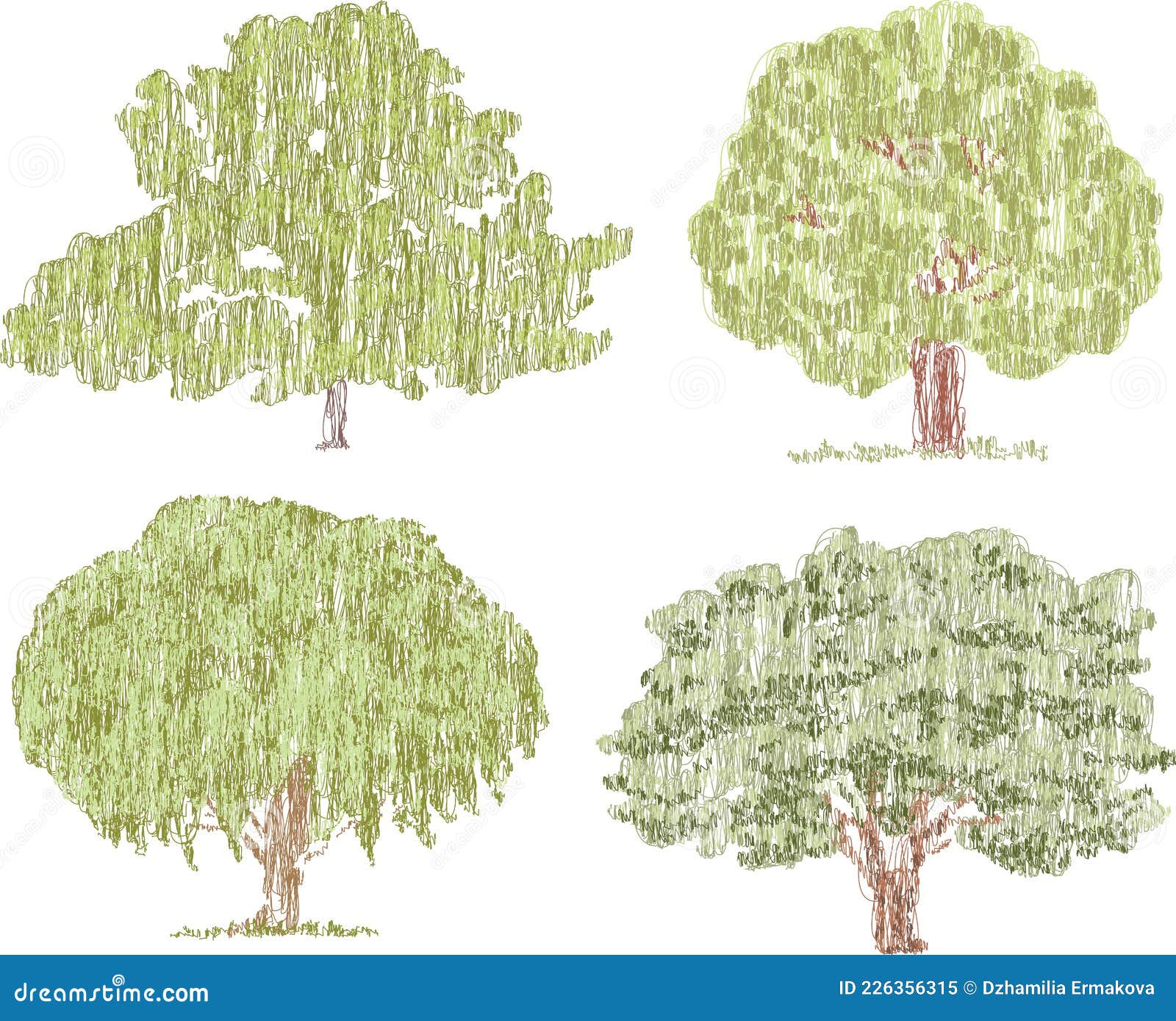 Vector Doodle Drawings of Various Deciduous Trees in Summer Stock ...