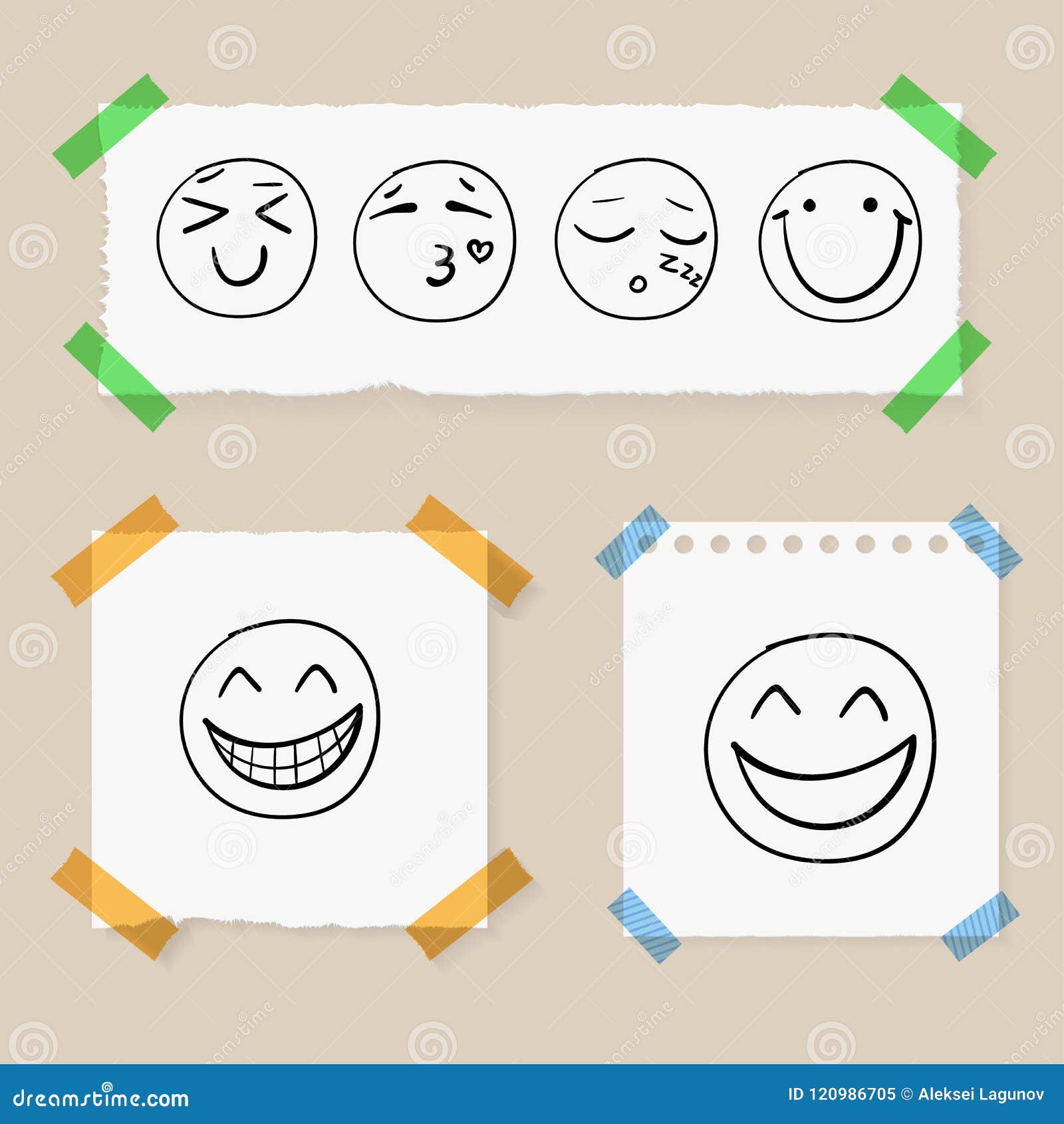 Vector Doodle Hand Drawn Smiley Faces on Paper Pieces Attached by ...