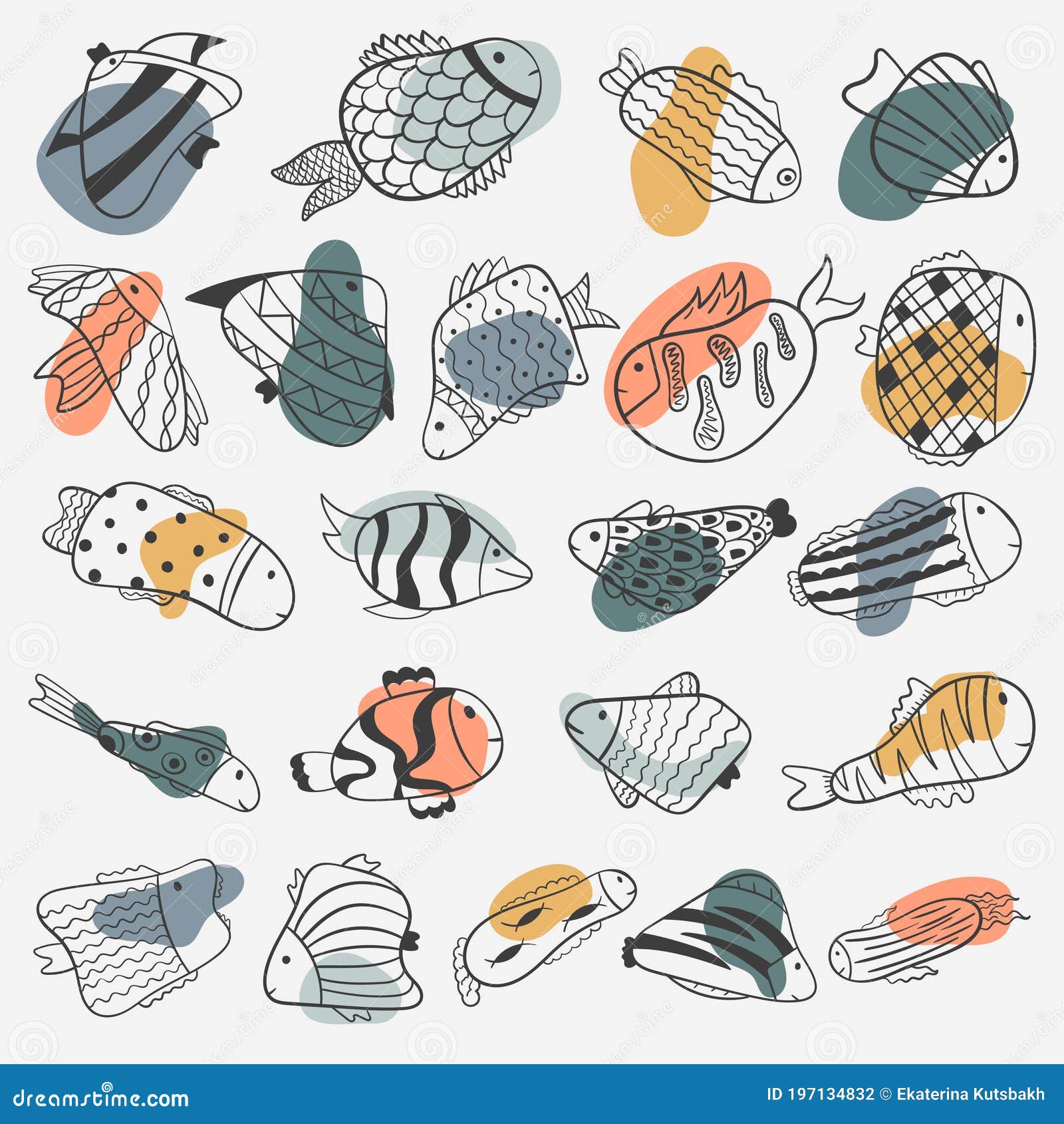 Vector Doodle Illustration. Cartoon Fish of Different Shapes, with ...