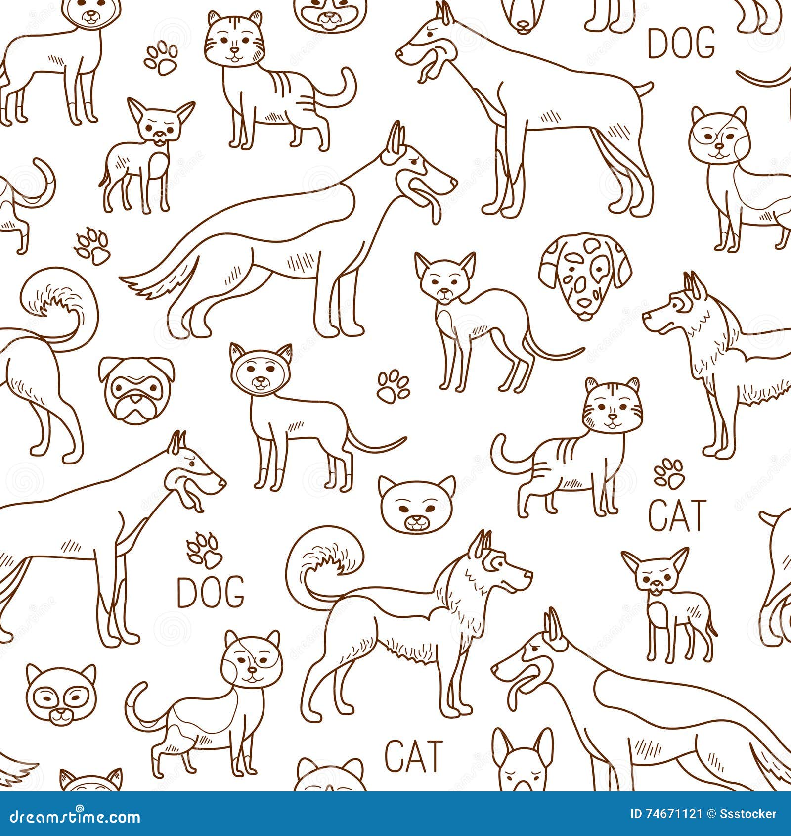 Pets Paw Pattern. Bones And Animal Footsteps Seamless Texture. Vector ...