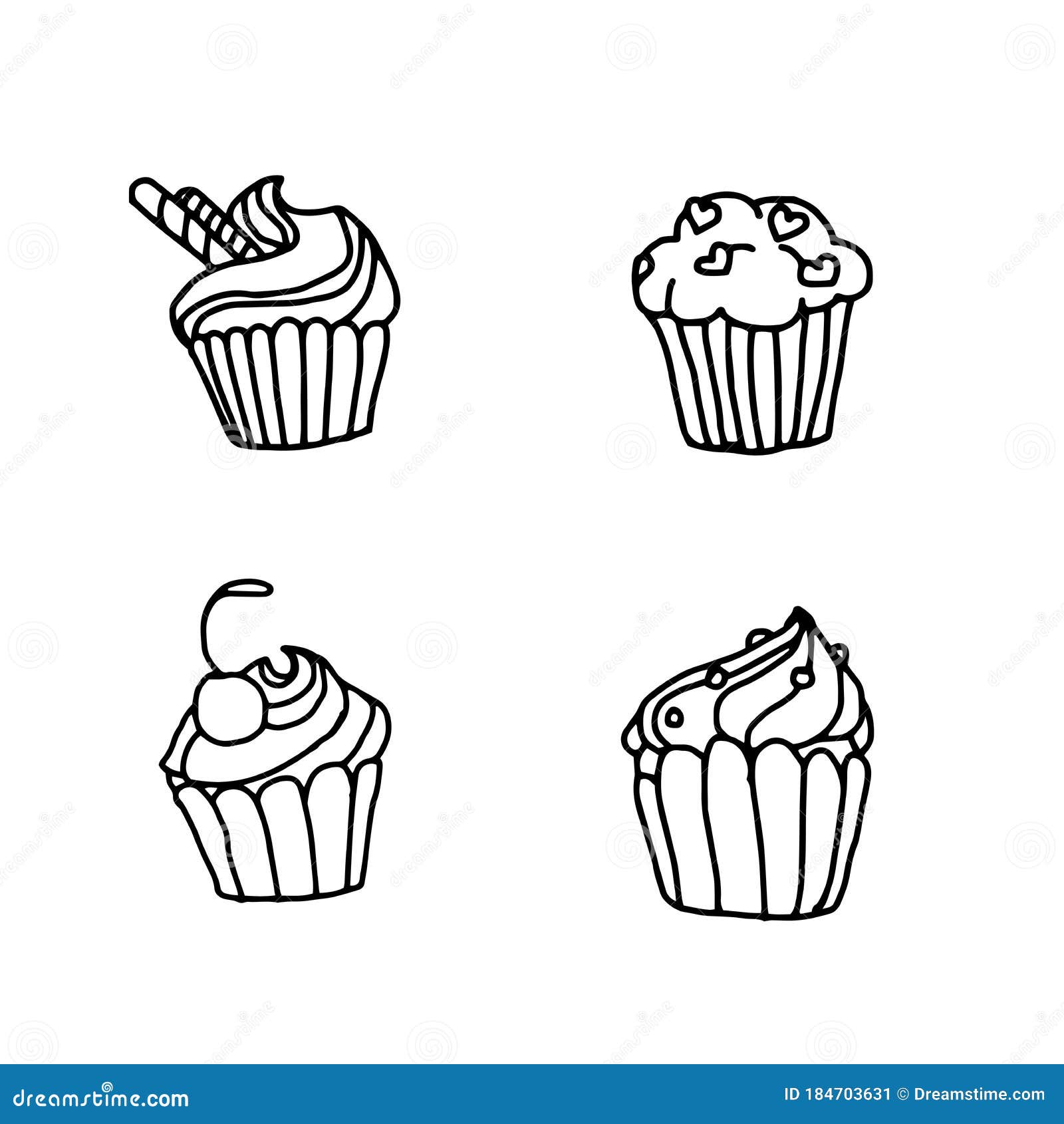 Vector Doodle Set of Cute Cupcakes. Stock Illustration - Illustration ...