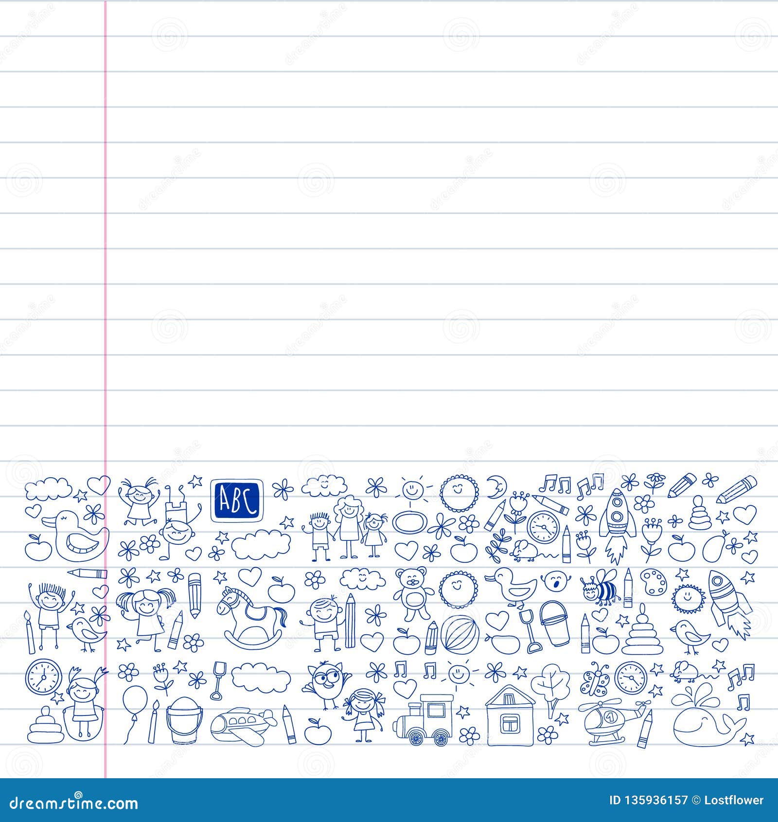 Vector Doodle Set with Kindergarten Children. Small Kids Play, Learn ...