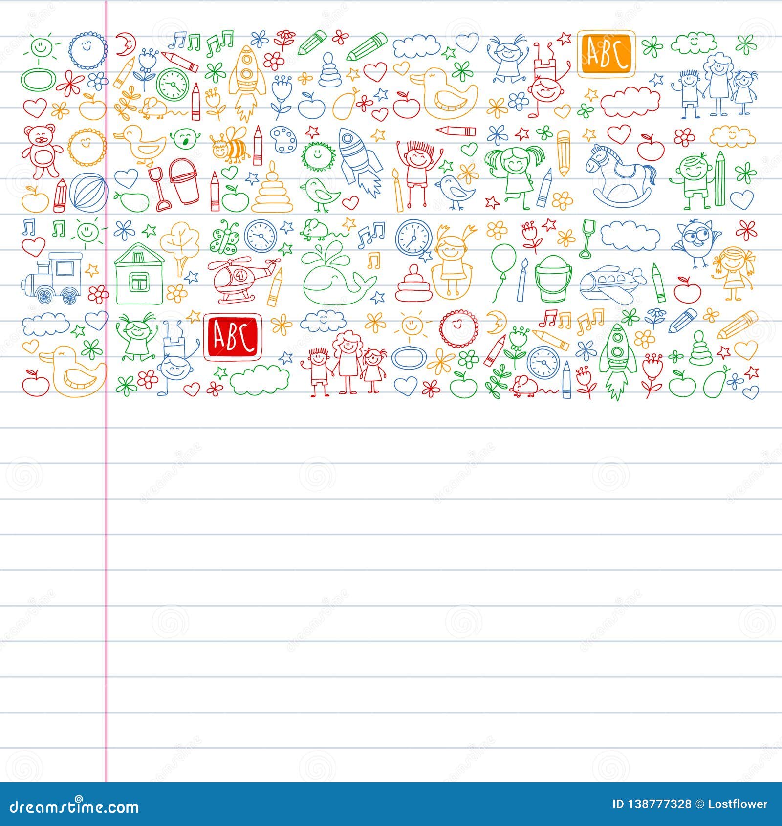 Vector Doodle Set with Kindergarten Children. Small Kids Play, Learn ...