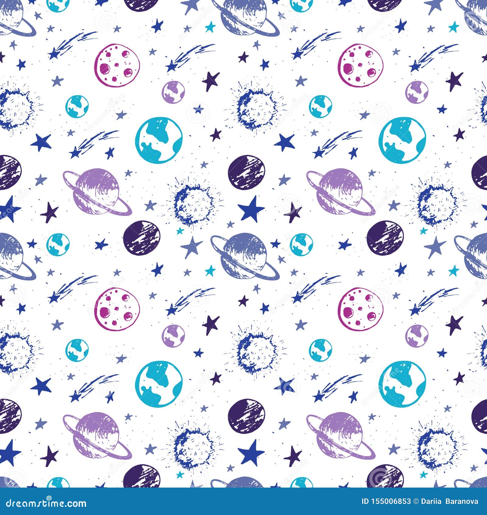 Vector Doodle Space Seamless Pattern with Cocmos Decor Elements Stock ...