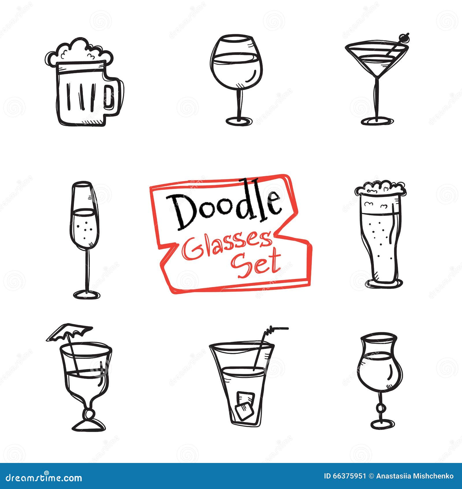 Vector Doodle Style Glasses Icons Set. Hand Drawn Collection of Drinks ...