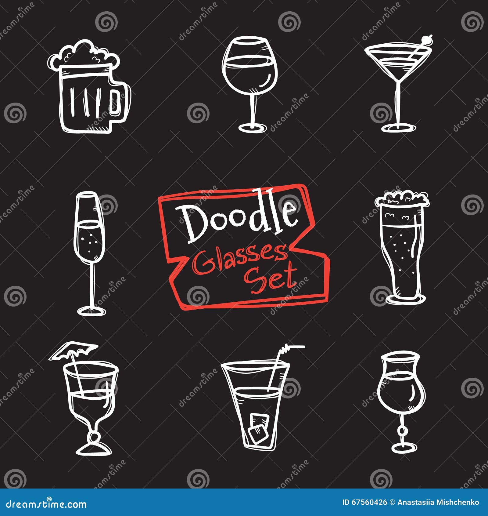 Vector Doodle Style Glasses Icons Set. Hand Drawn Collection of Drinks ...