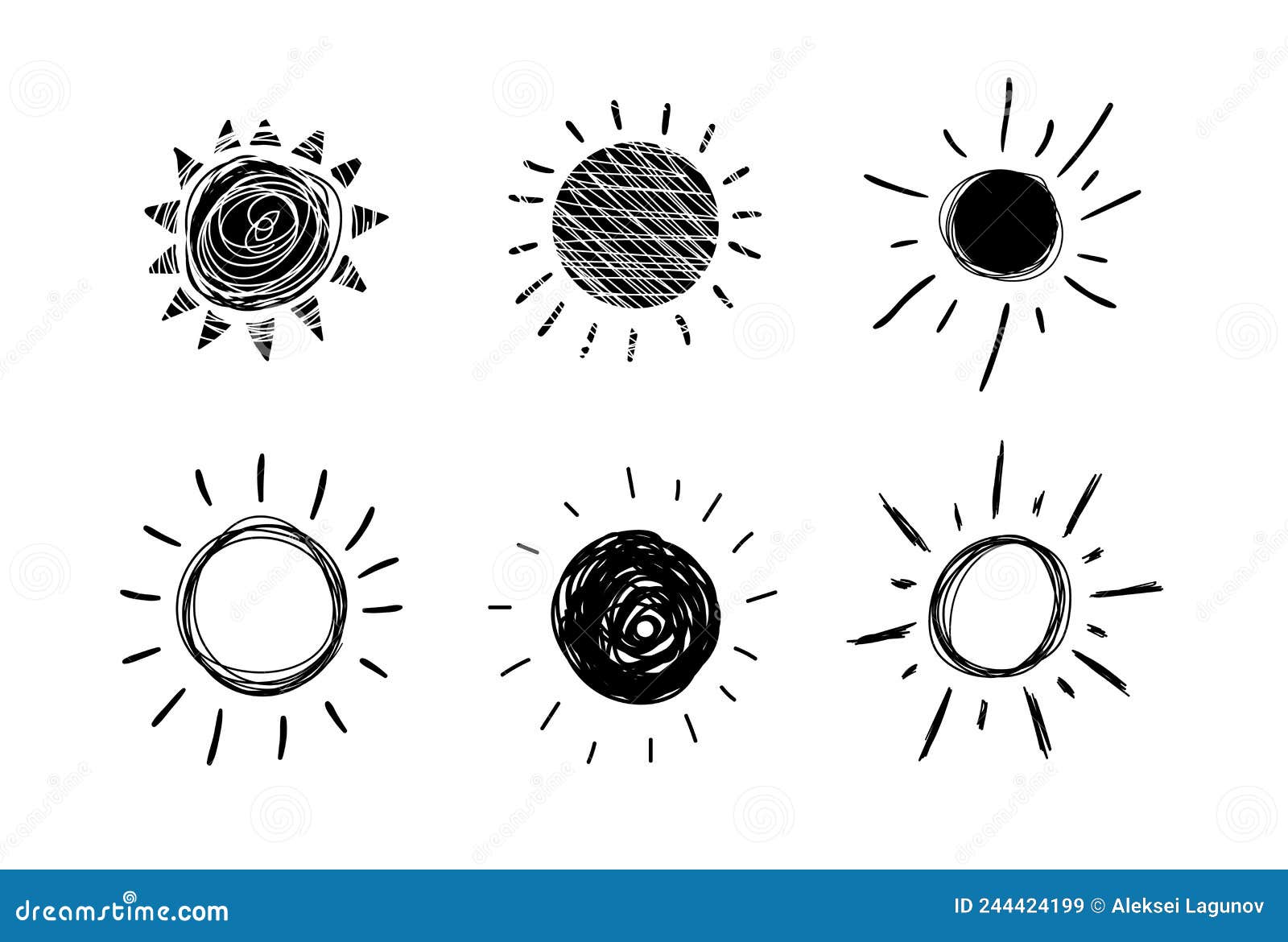 Vector Doodle Sun, Set of Chalk Handdrawn Black Icons Isolated on White ...