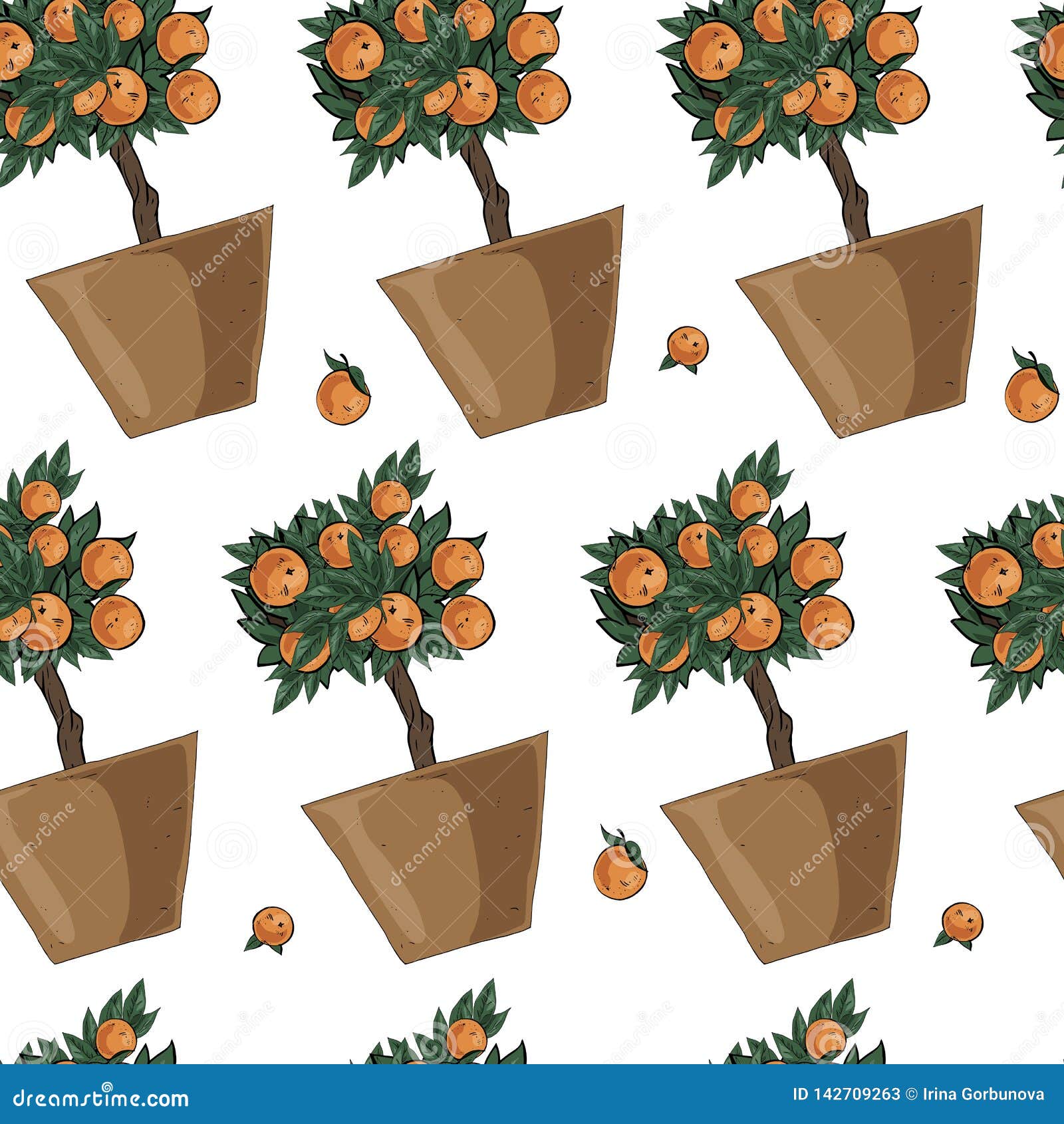 Vector Doodle Various Orange Tree Illustration Seamless Pattern in ...