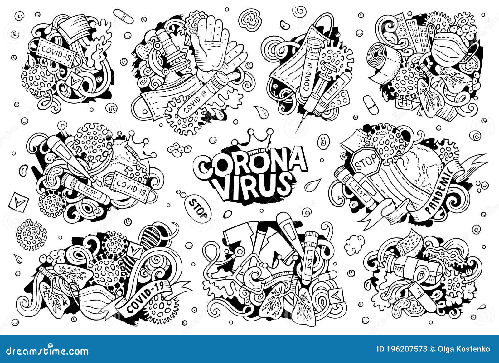 Vector Doodles Cartoon Set of Coronavirus Objects and Elements Stock ...