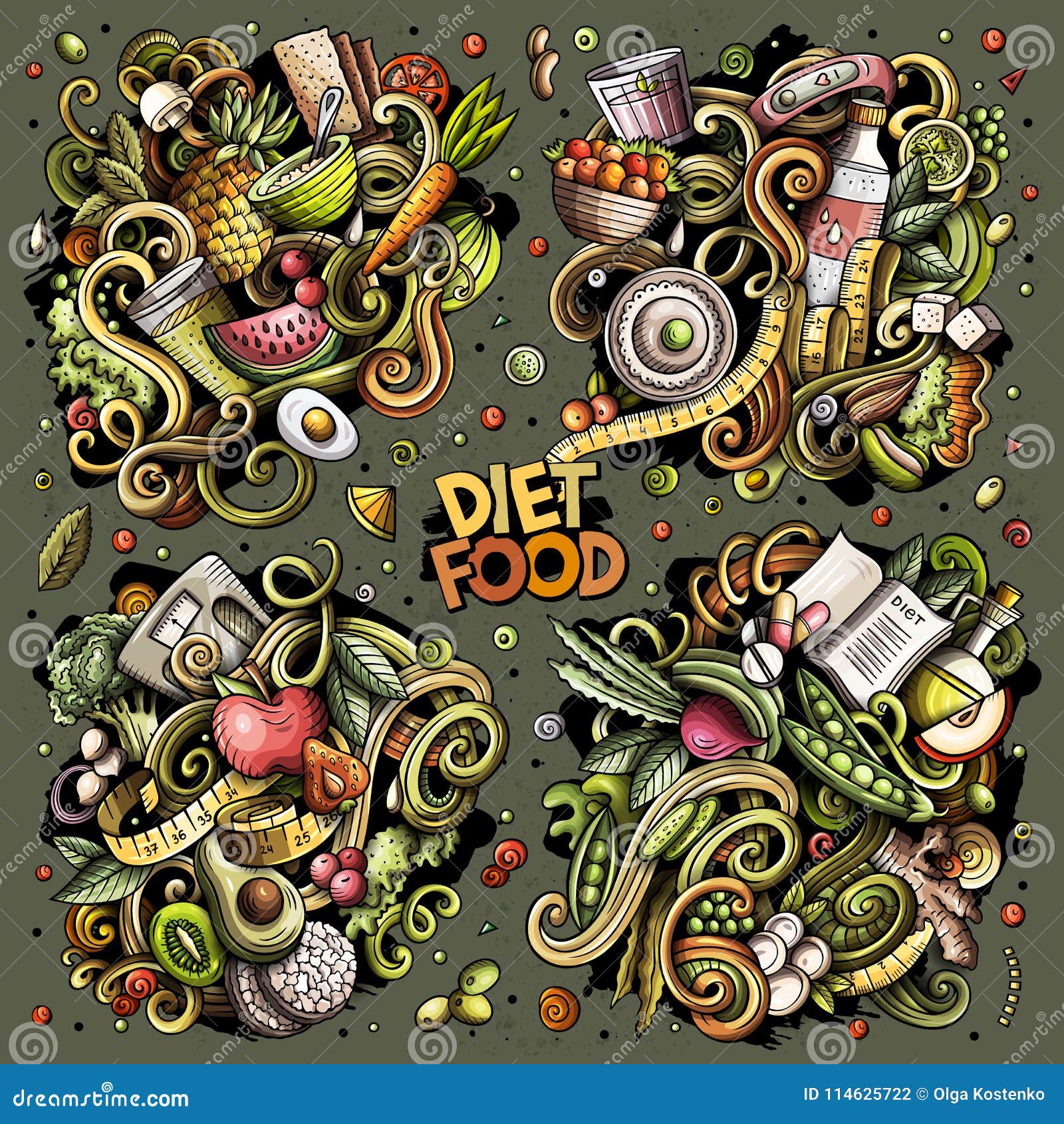 Vector Doodles Cartoon Set of Diet Food Combinations of Objects and ...