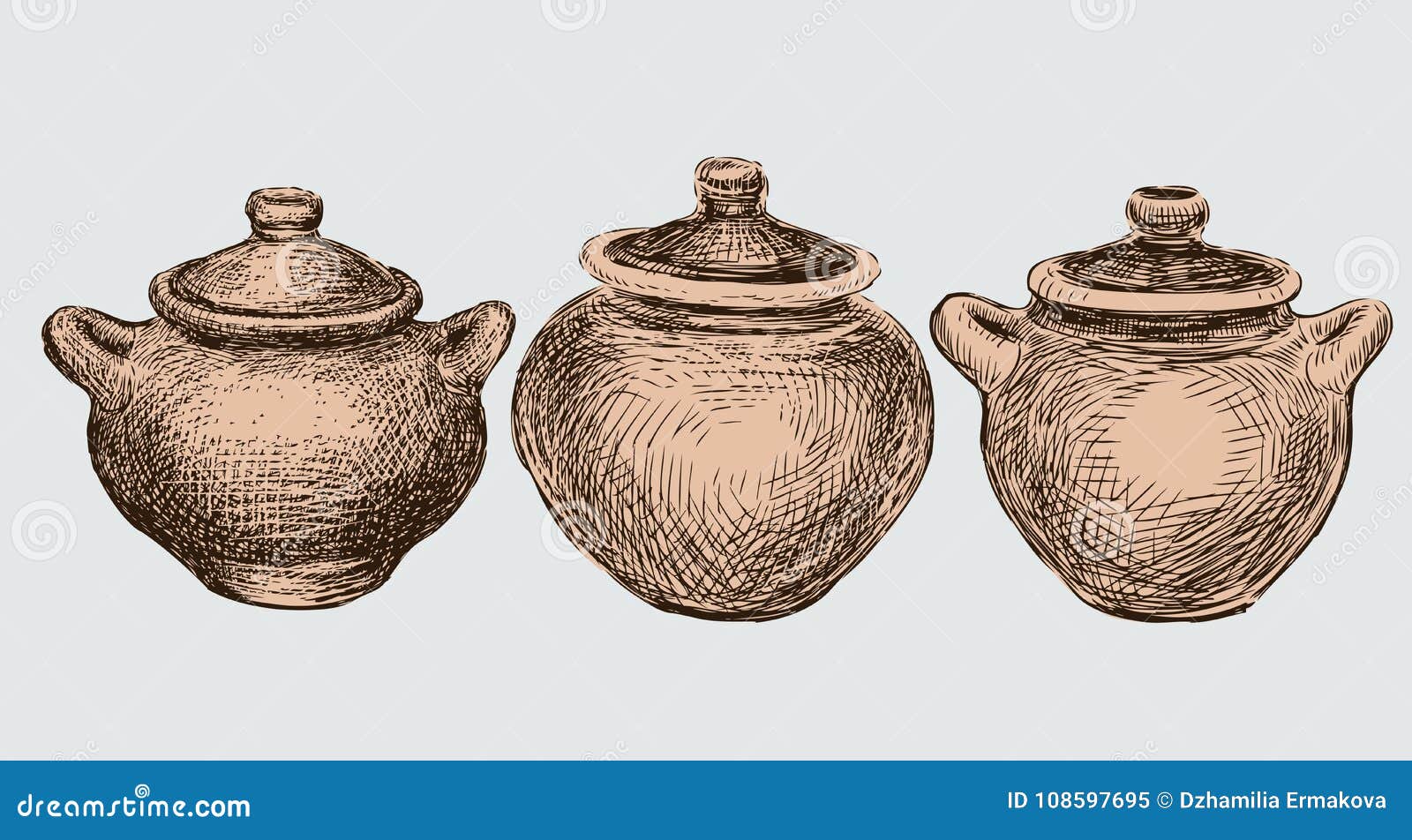 A set of three clay pots stock vector. Illustration of pottery - 108597695