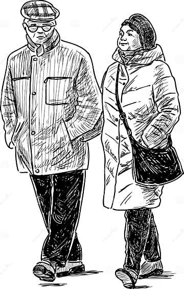 Sketch Of An Elderly People Going For A Stroll Stock Vector