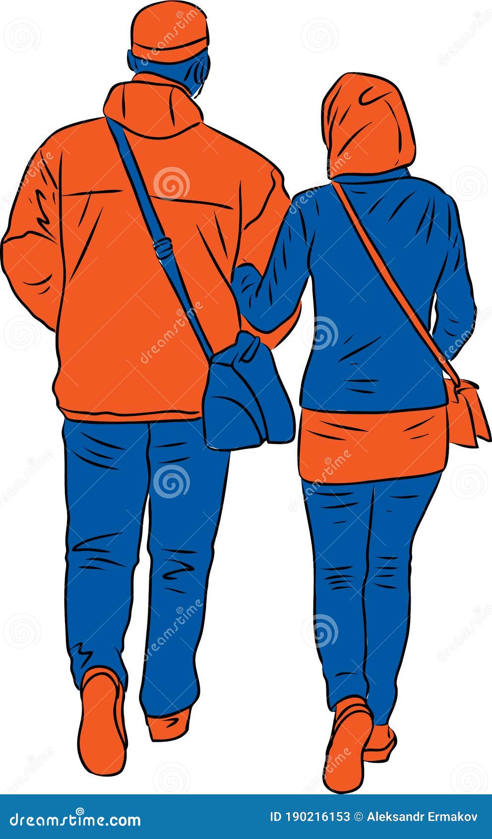 Vector Drawing of Couple Townspeople Walking Outdoors Stock Vector ...
