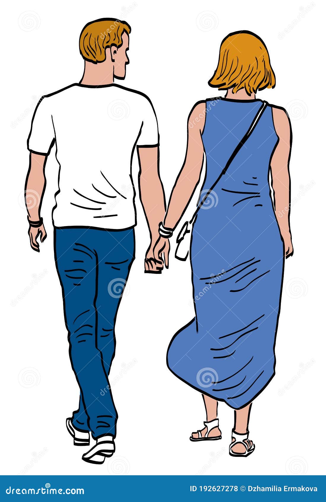 Vector Drawing of Couple Young Citizens Walking Outdoors Stock Vector ...
