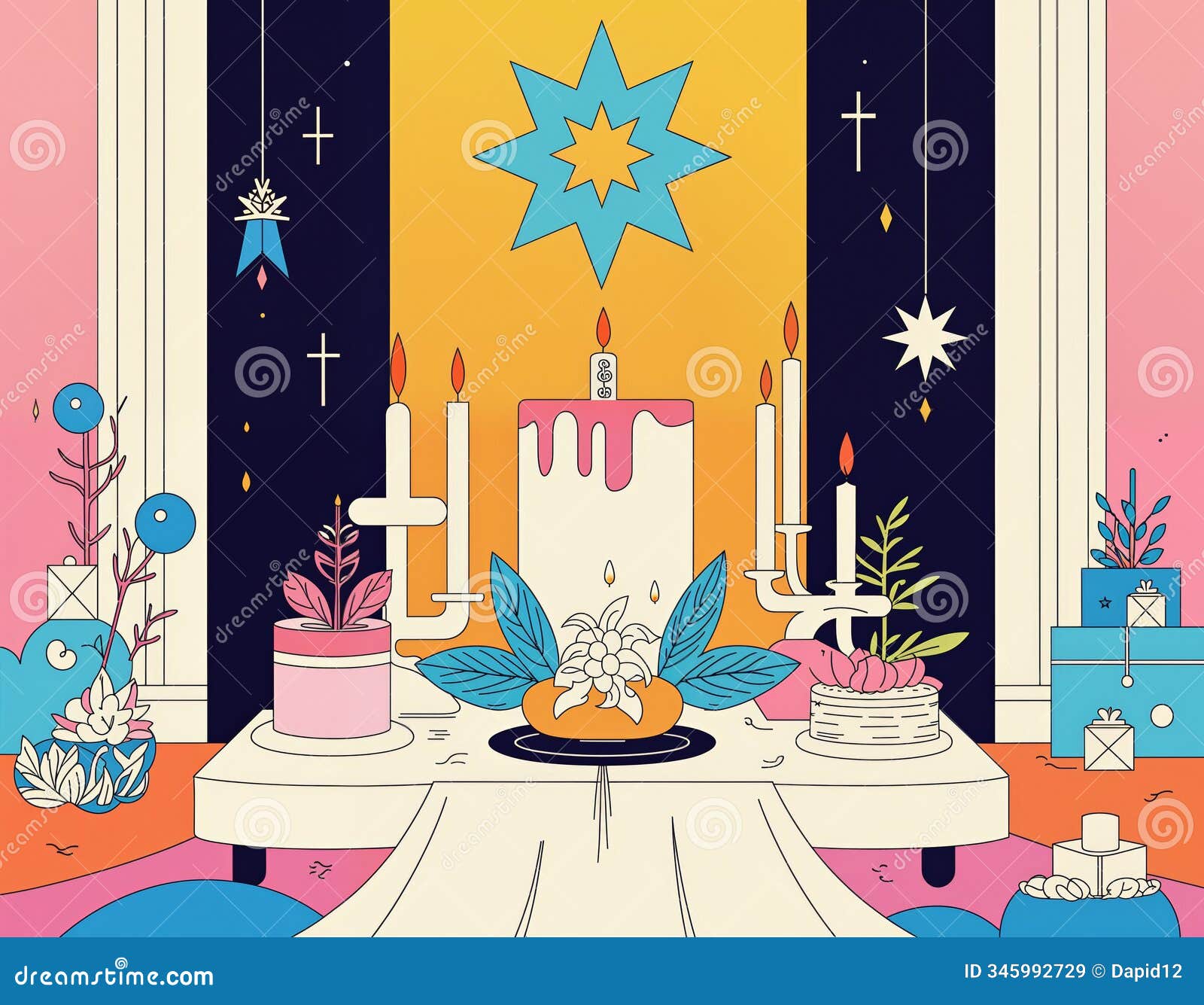 A Vector Drawing of an Epiphany Altar Table with a Cake and Candles ...