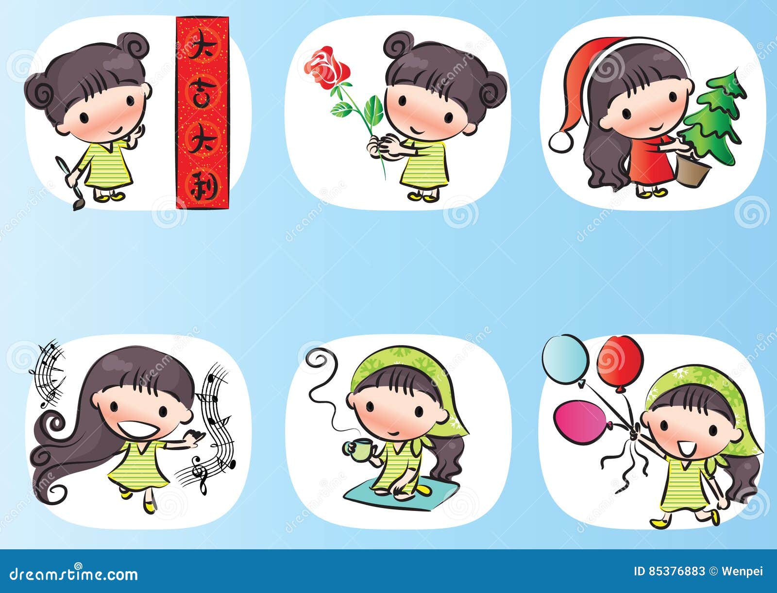 Vector drawing girl set stock illustration. Illustration of card - 85376883