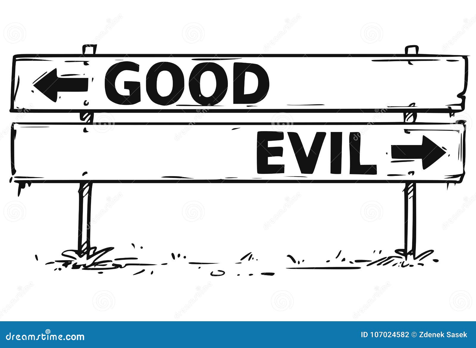 Road Block Arrow Sign Drawing of Good or Evil Decision Stock Vector ...