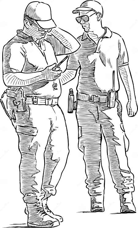 Sketch of Security Guards at Work Stock Vector - Illustration of radio ...