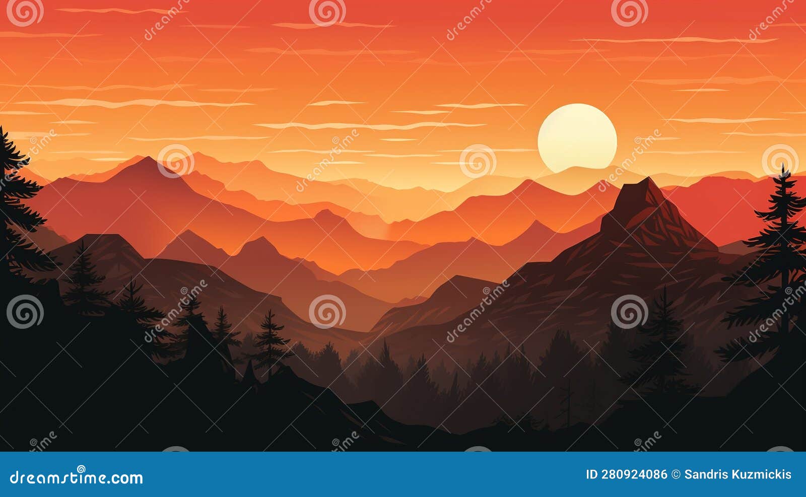 A Vector Drawing of a Landscape with Mountains in a Sunset. Generative ...