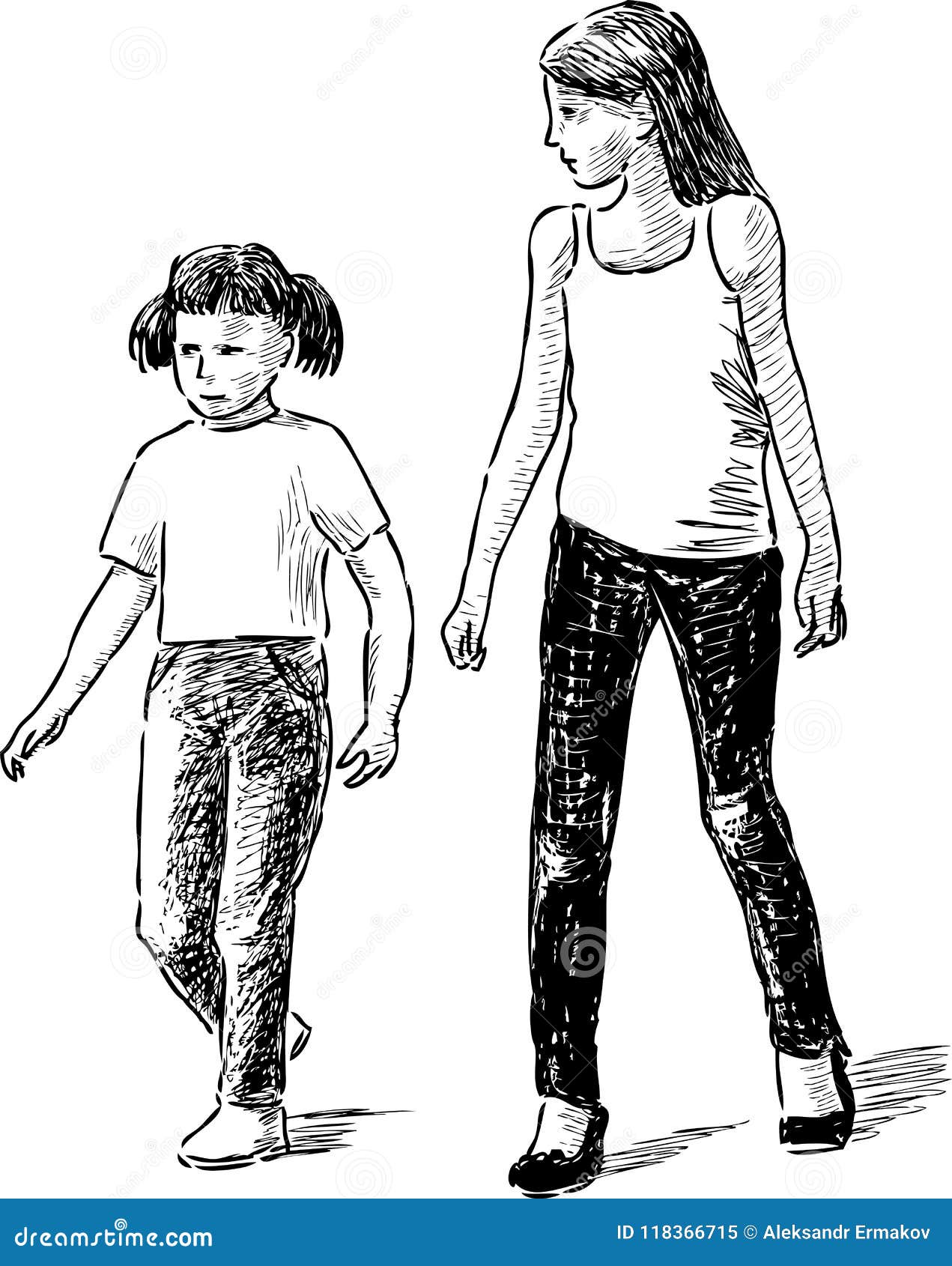Sketch of Two Strolling Small Sisters Stock Vector - Illustration of ...