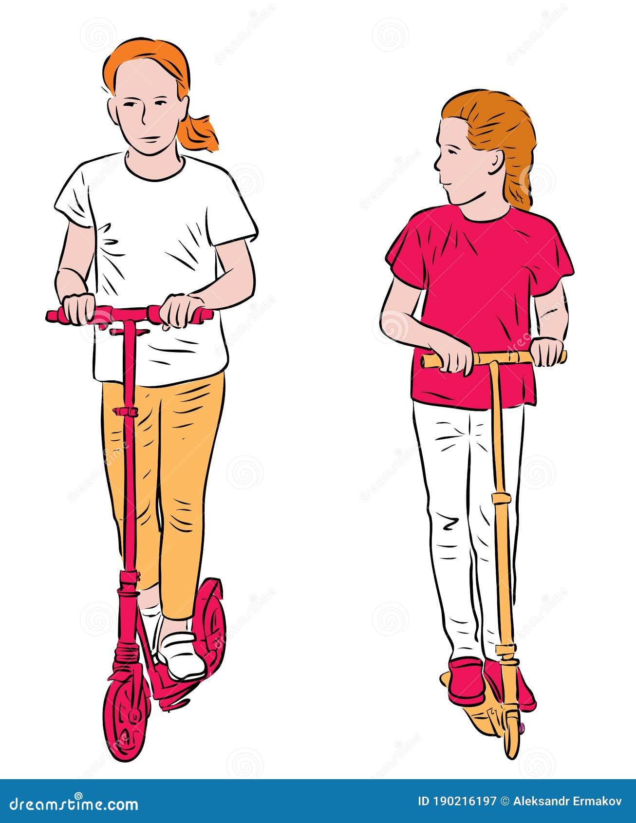 Vector Drawing Of Little Girls Riding The Scooters | CartoonDealer.com ...