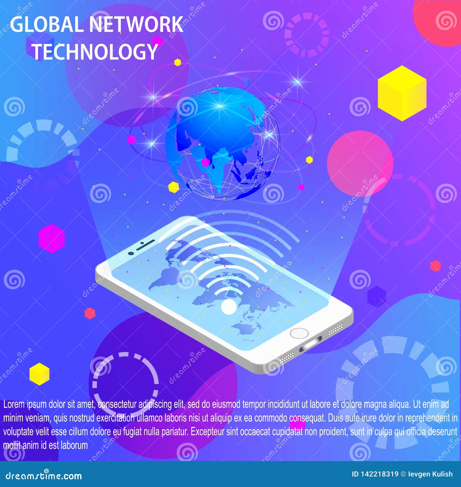 Vector Drawing of a Mobile Phone and of the Globe on a Colored ...