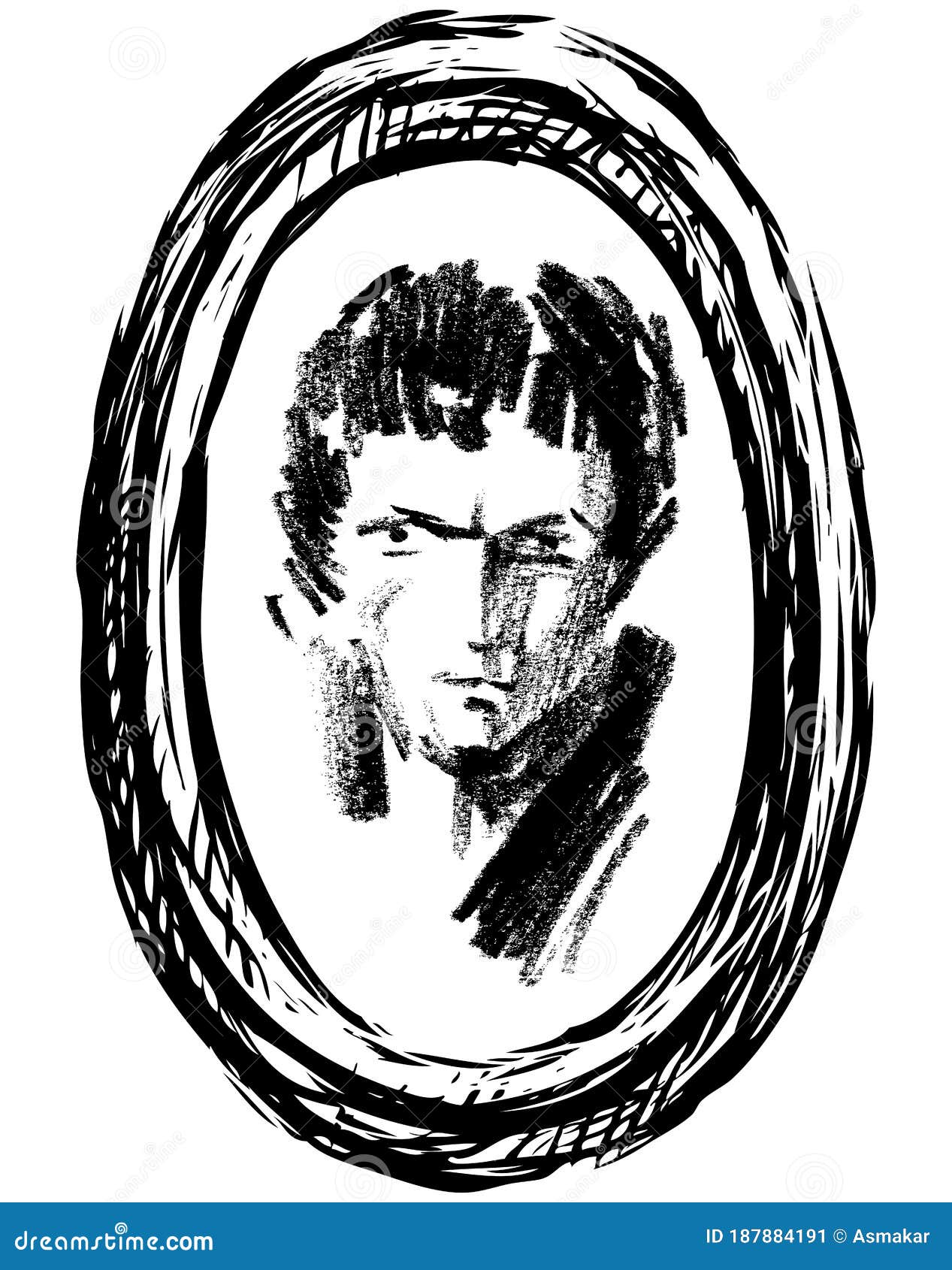 Vector Drawing of Portrait Young Man in Oval Frame Stock Vector ...