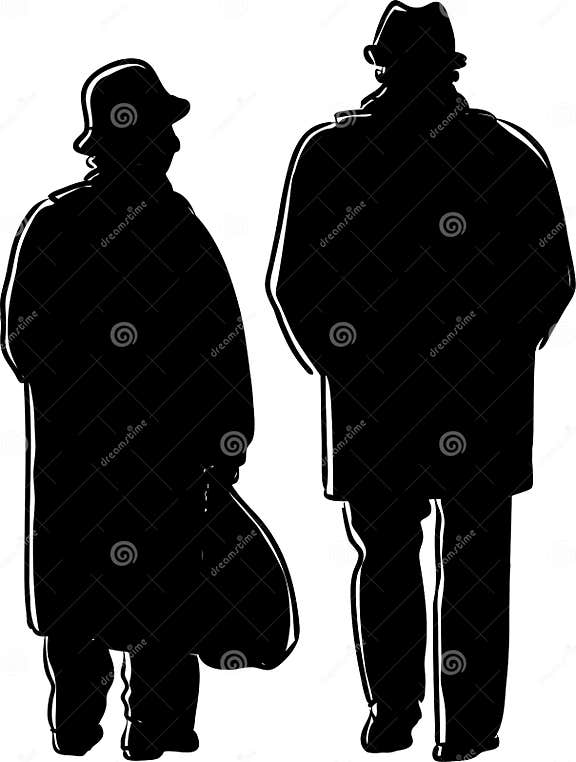 Vector Drawing Of Silhouettes Elderly Couple Walking On A Stroll Stock