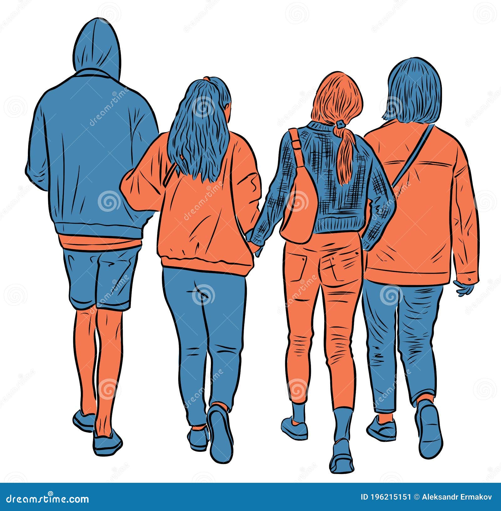 Friends Walking Together Flat Vector Illustration. Girls And Guy At ...