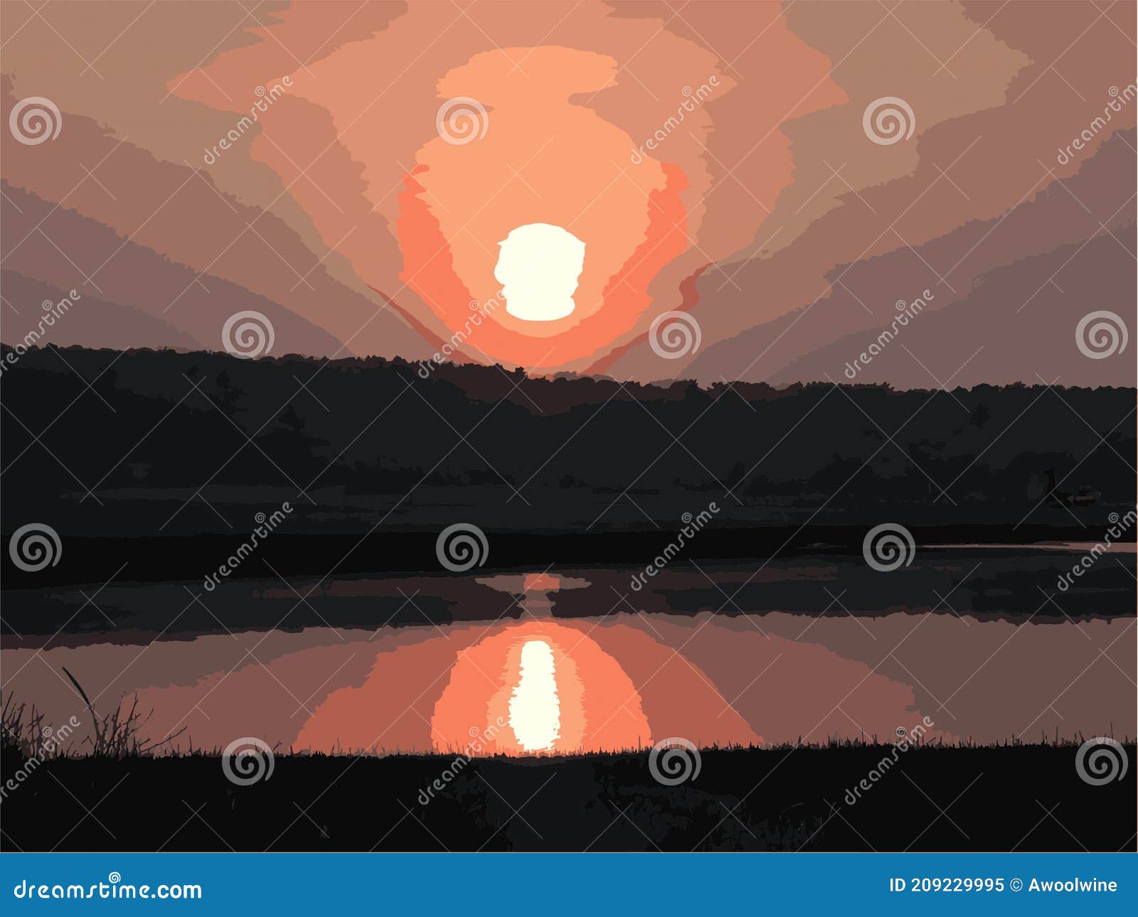 Vector Drawing of Sunset Over Tree Line and River with Reflections ...