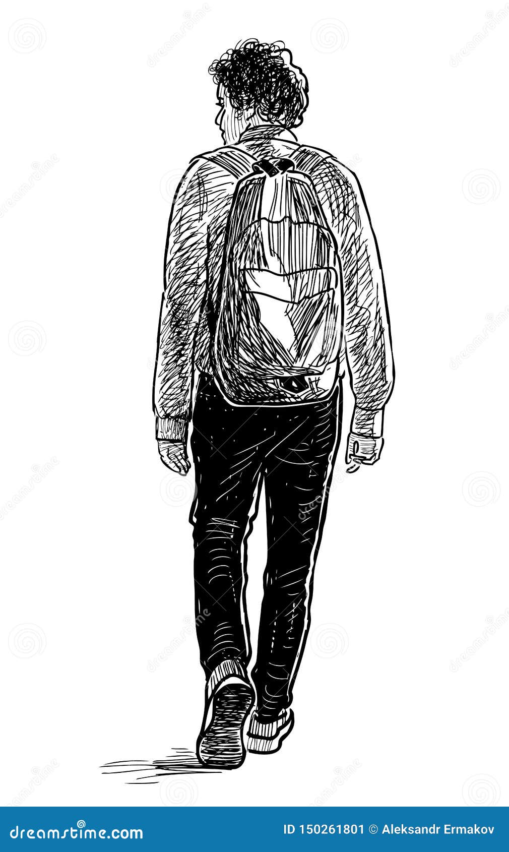 Sketch of a Student Boy with a Backpack Going Down the Street Stock ...