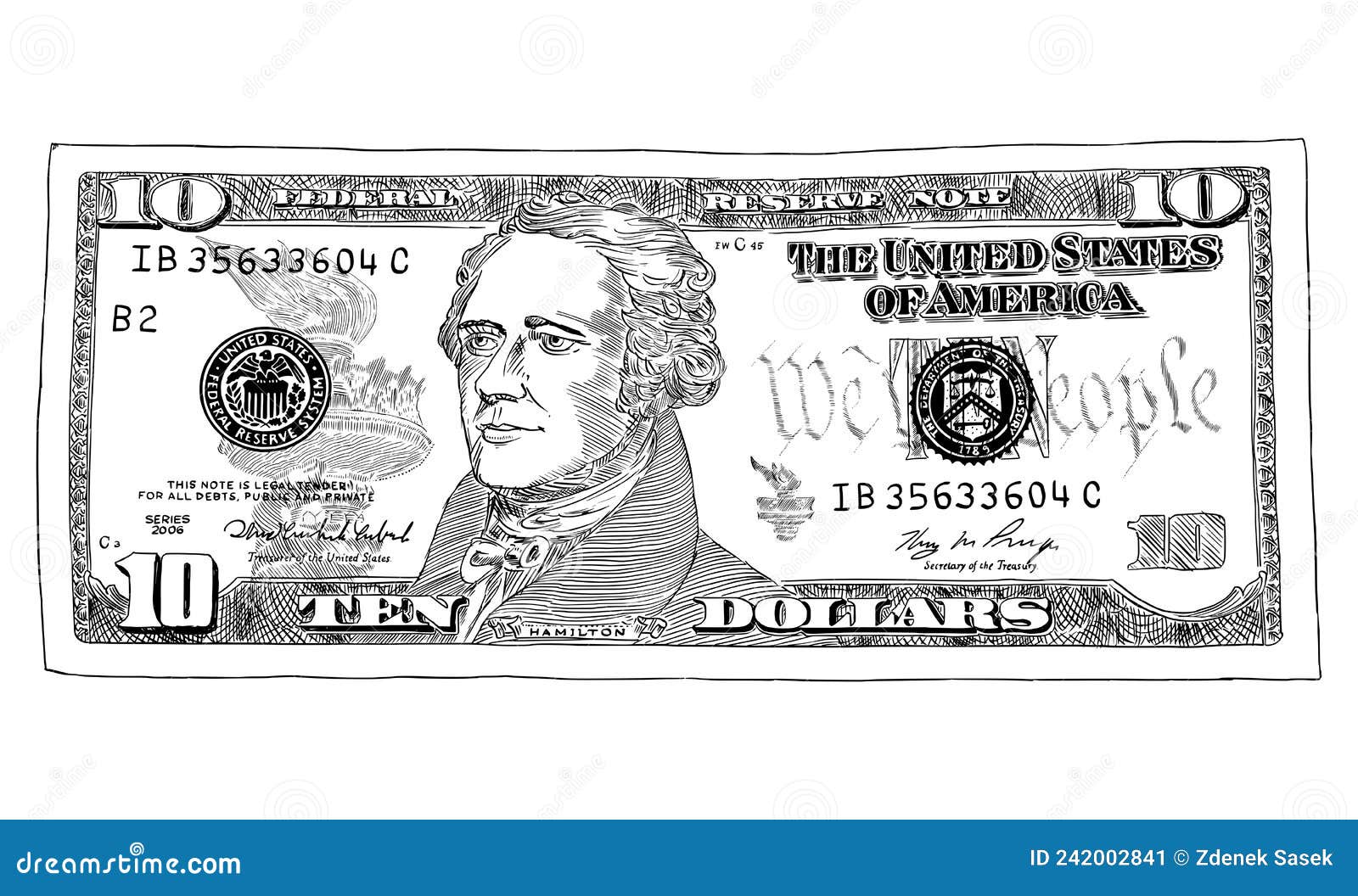 Vector Drawing of Ten Dollar Bill or Banknote Stock Vector ...