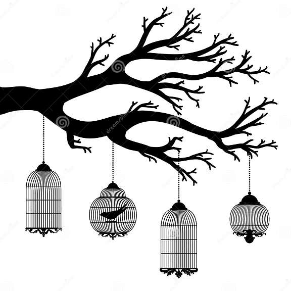 Vector Drawing of the Tree with Cages Stock Vector - Illustration of ...