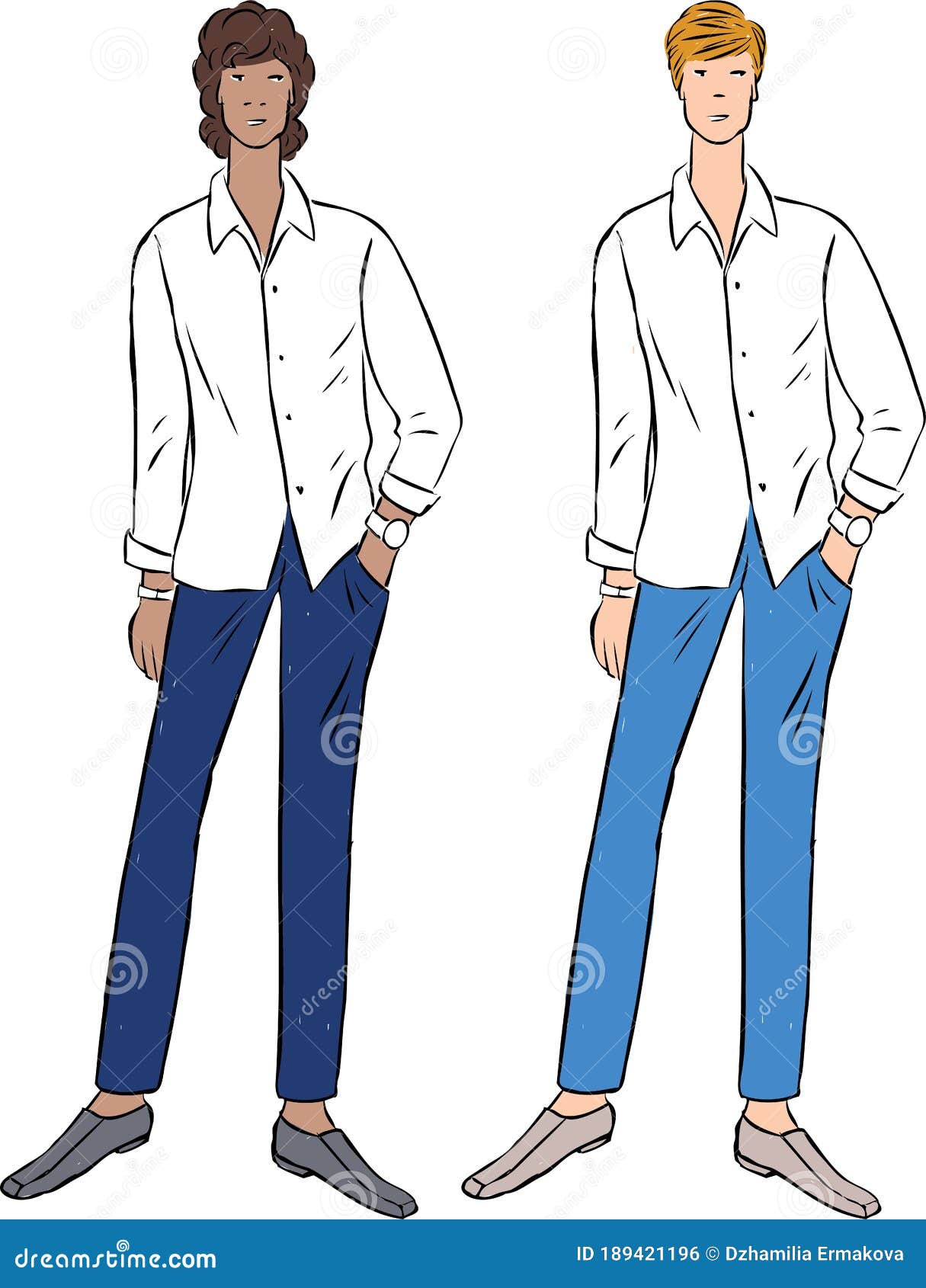 Vector Drawing of Two Young Slim Men in White Shirts Stock Vector ...