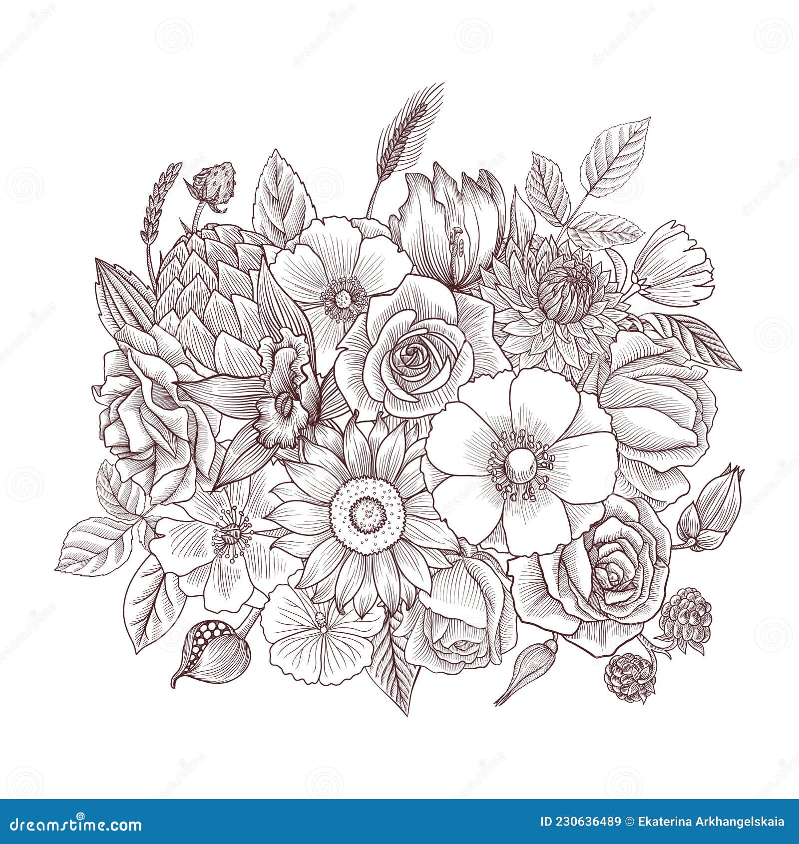 Vector Drawing Vintage Composition with Flowers Stock Vector ...