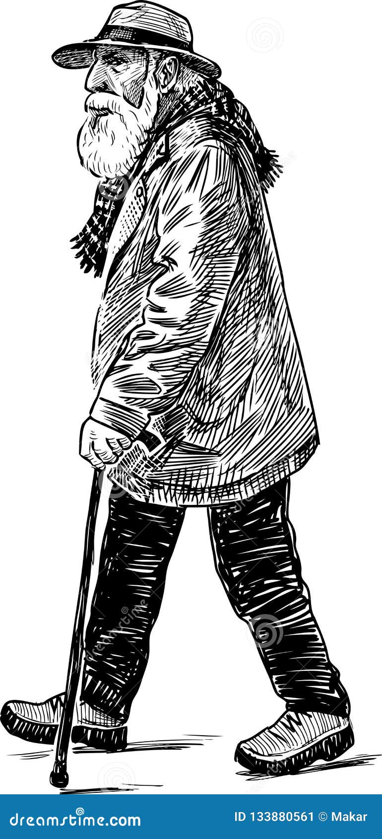 Sketch of an Old Man Going for a Stroll Stock Vector - Illustration of ...