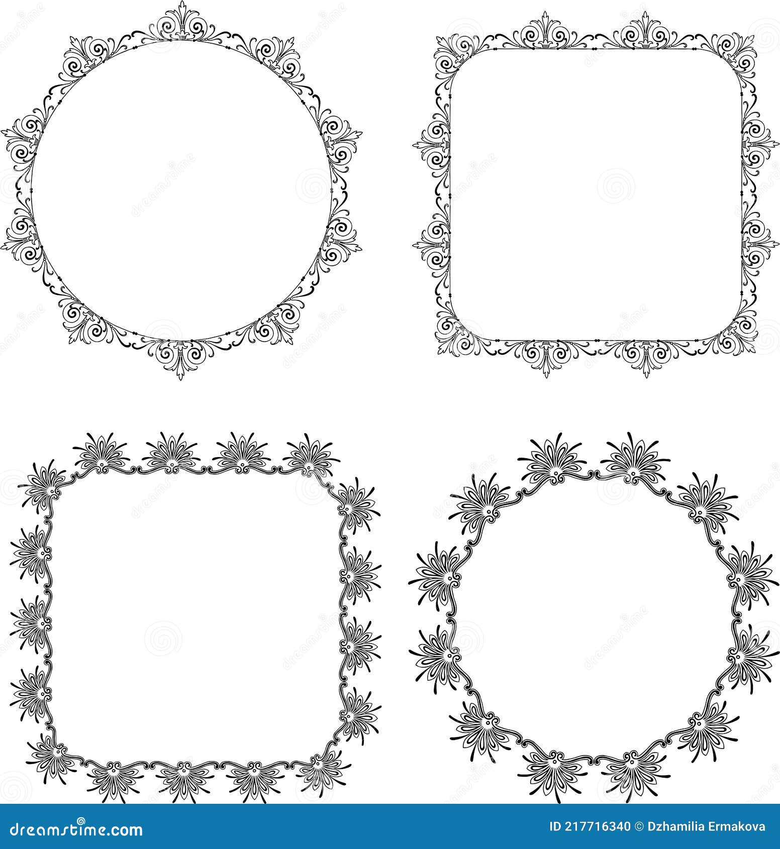 Vector Drawings of Decorative Vintage Round and Square Frames Stock ...