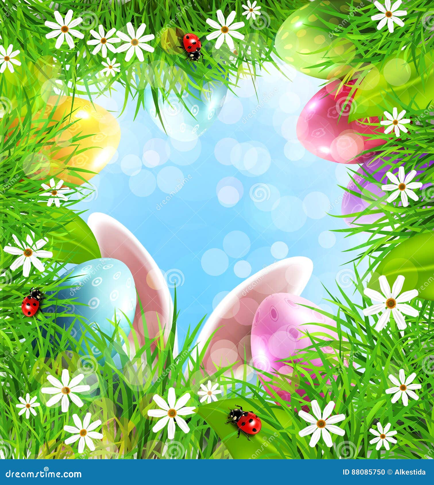Vector Easter Background with Rabbit Ears, Eggs, Grass and Blue Stock ...