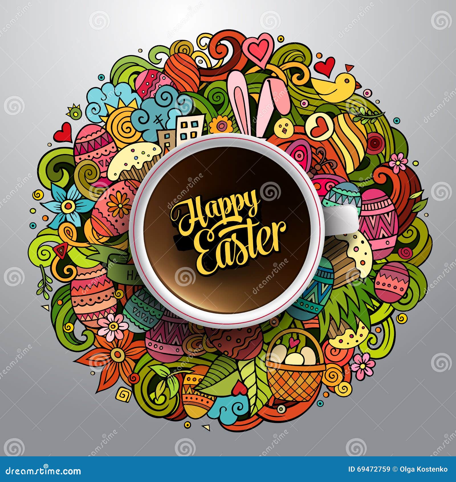 Vector Easter Doodles Illustration with a Cup of Coffee Stock Vector ...