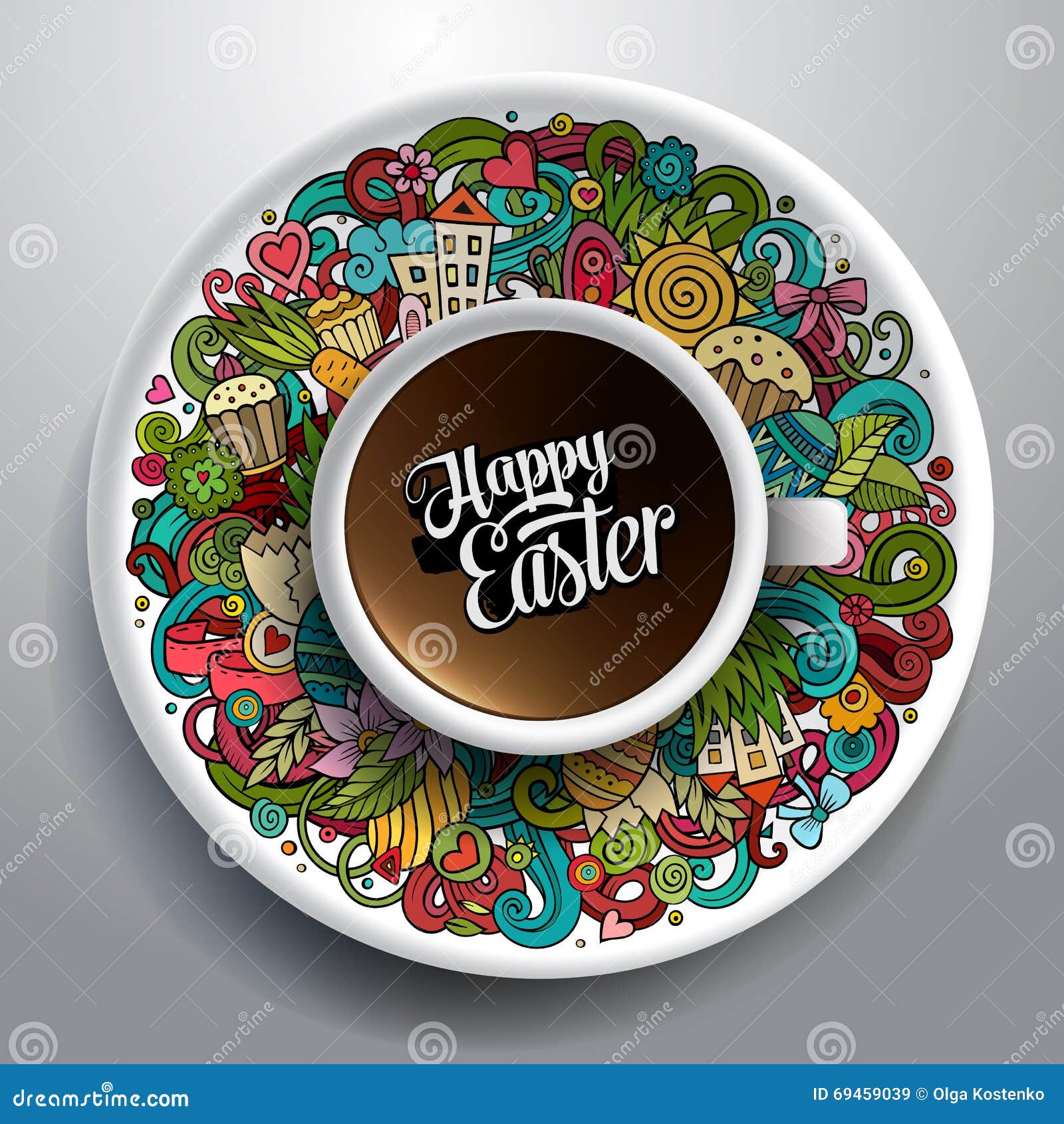 Vector Easter Doodles Illustration with a Cup of Coffee Stock Vector ...
